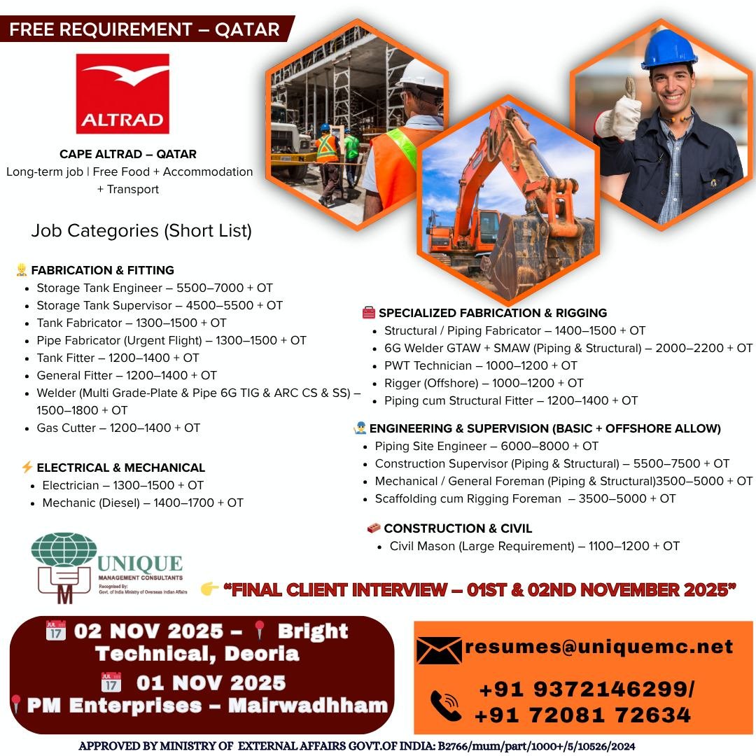 Altrad Qatar Jobs – Interview on 1st & 2nd Nov 2025 - ASSIGNMENT ABROAD ...