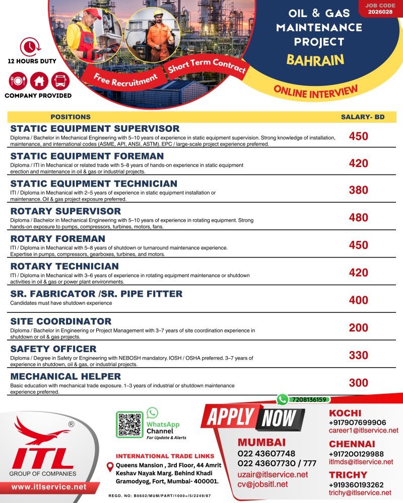Bahrain Oil & Gas Maintenance Project – Urgent Hiring for Short-Term ...