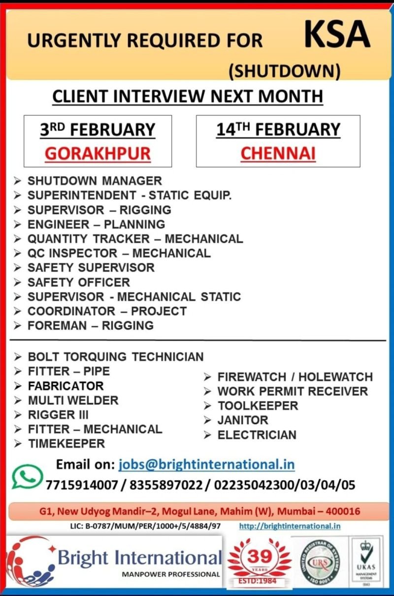 Hiring For A major shutdown project in Saudi Arabia - ASSIGNMENT ABROAD ...